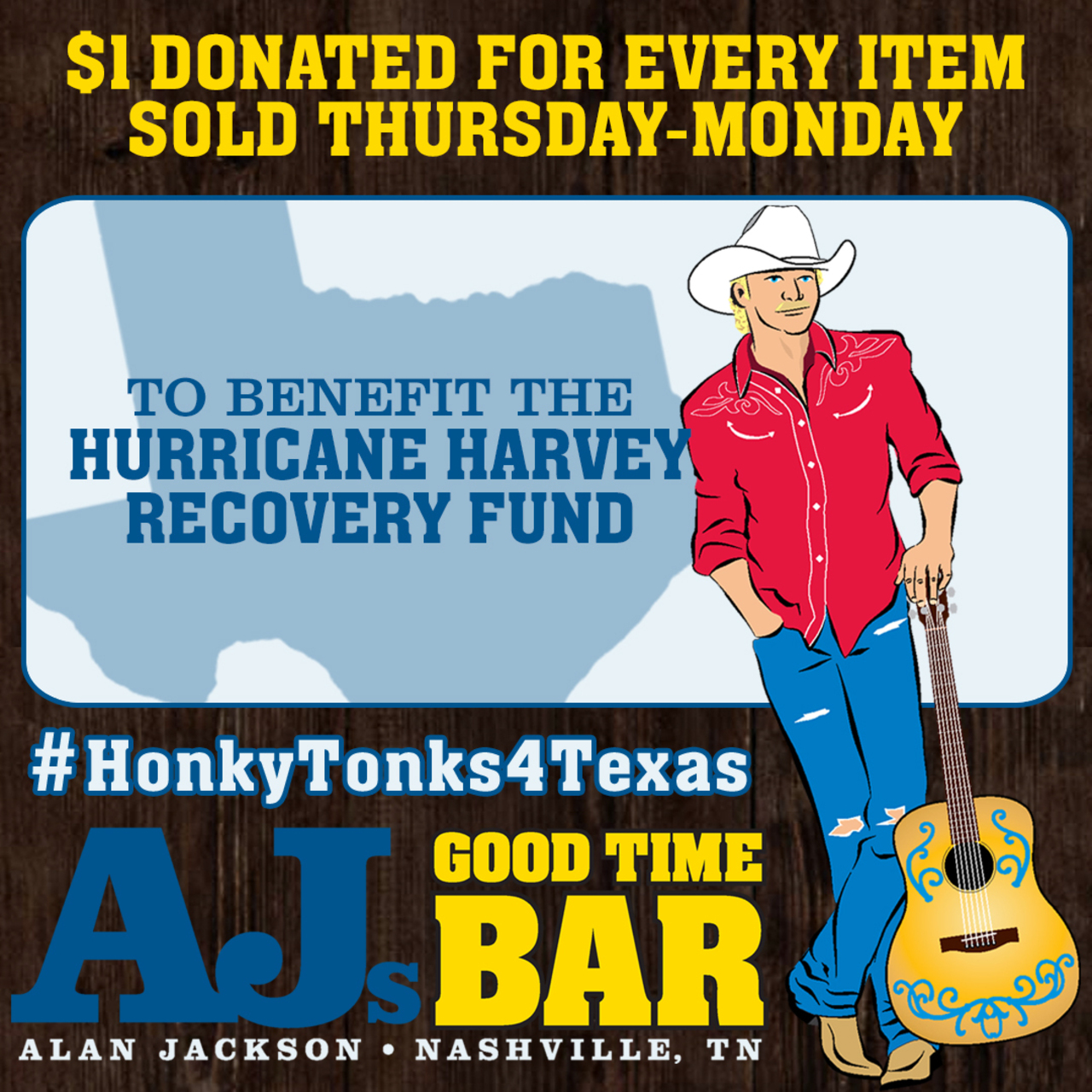 Alan Jackson’s AJ’s Good Time Bar Launches #HonkyTonks4Texas For flood ...